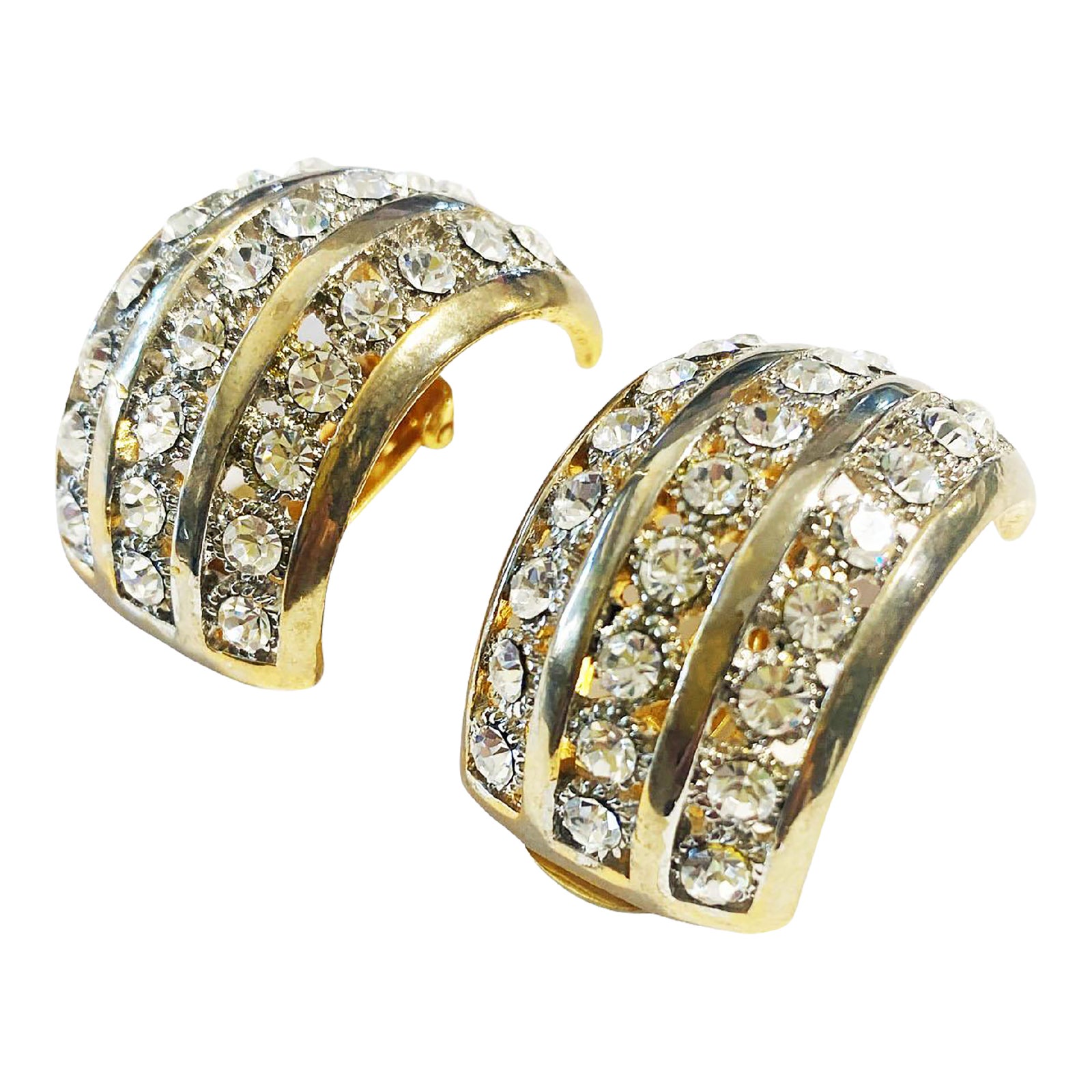 Vintage Pave Rhinestone Clip on Earrings Half Moon Hoop Gold Tone ...