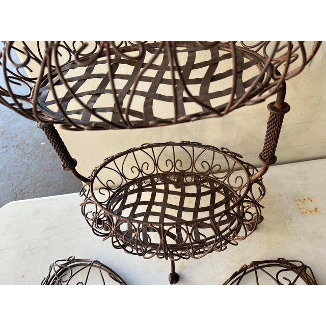 Late 20th Century Vintage Wrought Iron Two Tier Standing Basket With ...