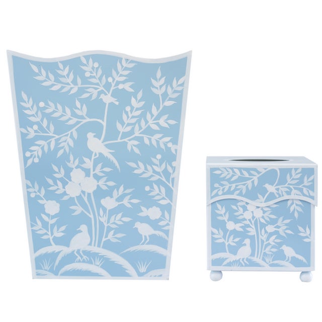 Blue Bird & Vine Tole Waste Basket & Tissue Box Set | Chairish