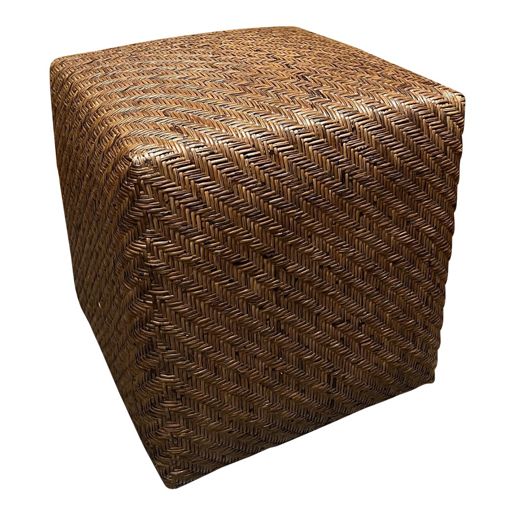 Dark Brown Woven Rattan Ottoman Cube | Chairish