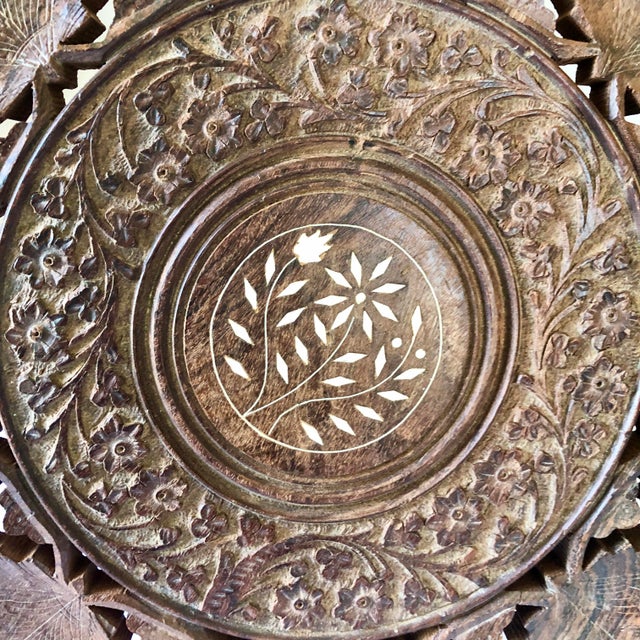 Middle Eastern Syrian Inlaid Carved Wood Table | Chairish