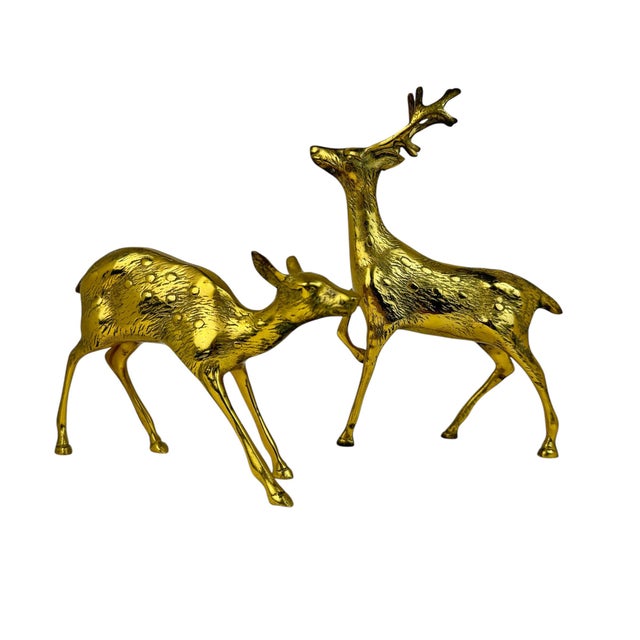 Vintage Set of 2 Brass Deer Figurines, Buck and Doe | Chairish