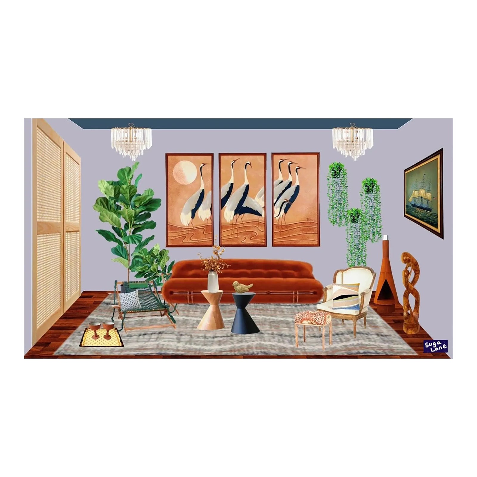 Suga Lane Zen Bird Boho Lounge Digital Painting Print | Chairish