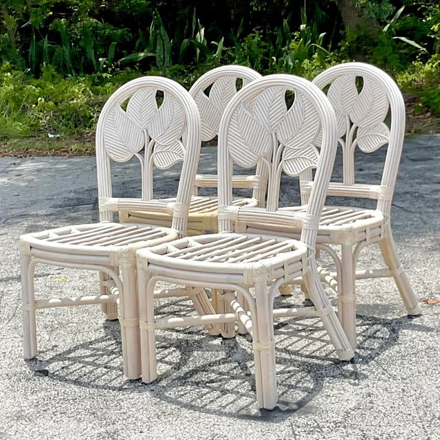 Vintage Coastal Washed Pencil Reed Leaf Dining Chairs - Set of 4 | Chairish