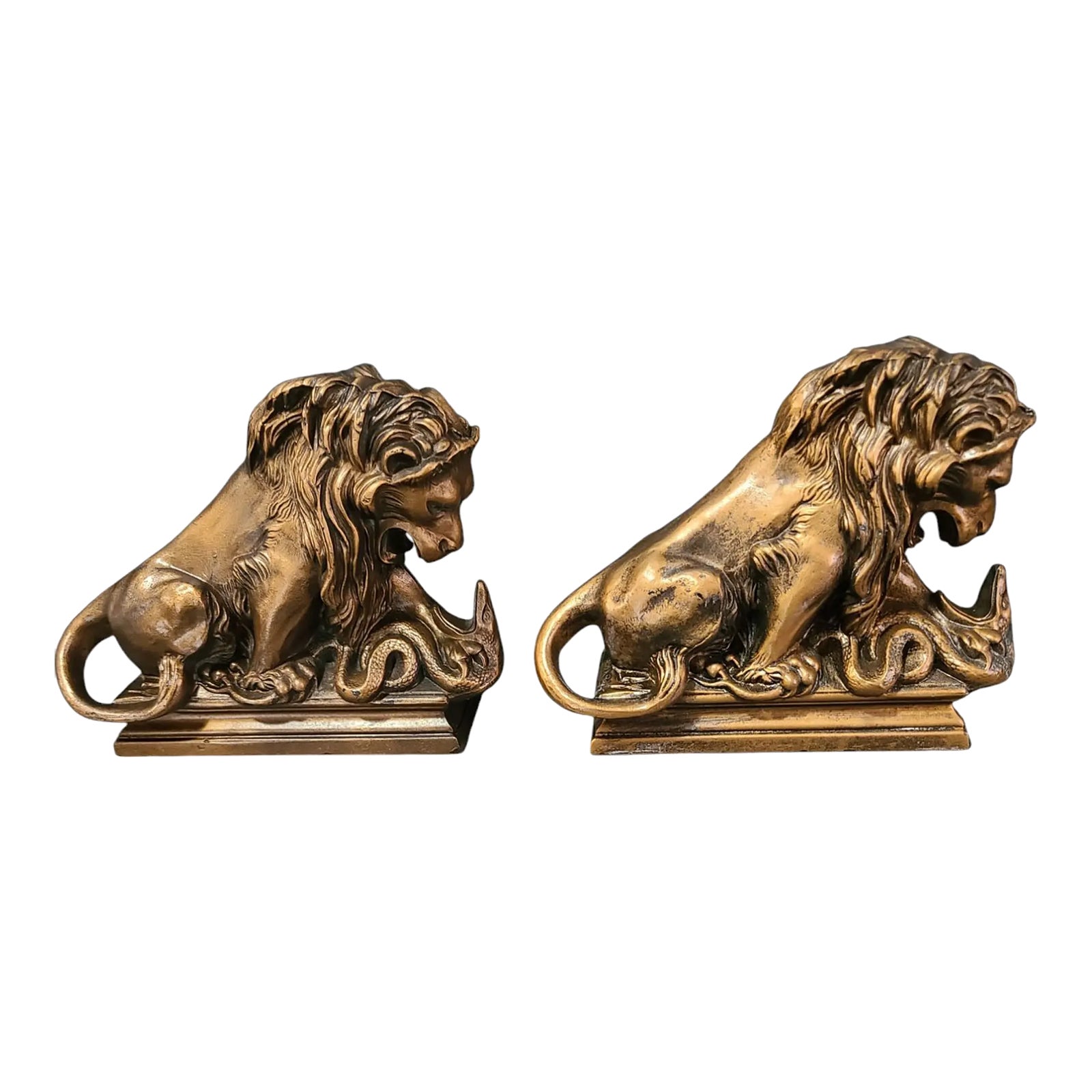 Antique Neoclassical Pair of Bookends Lion Fighting a Serpent Bronzed ...