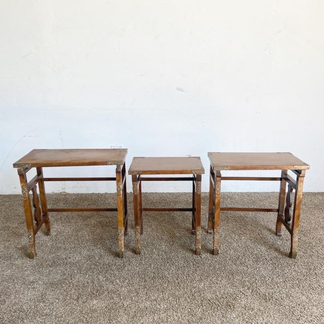 Japanese Wooden Nesting Tables With Brass Accents - Set of 3 | Chairish