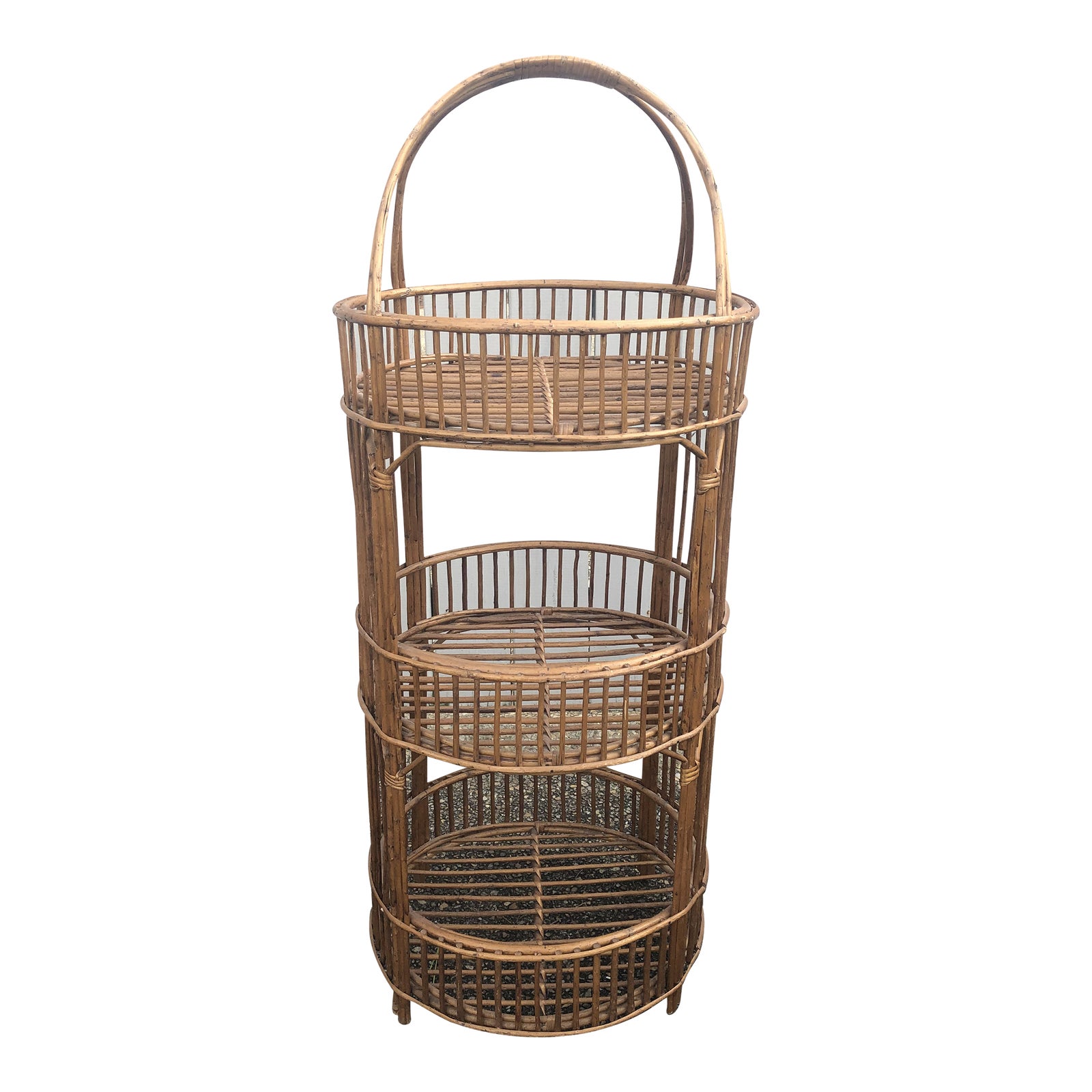 Vintage Bamboo Tall Circular Round Three Tiered Bar Cart Storage | Chairish