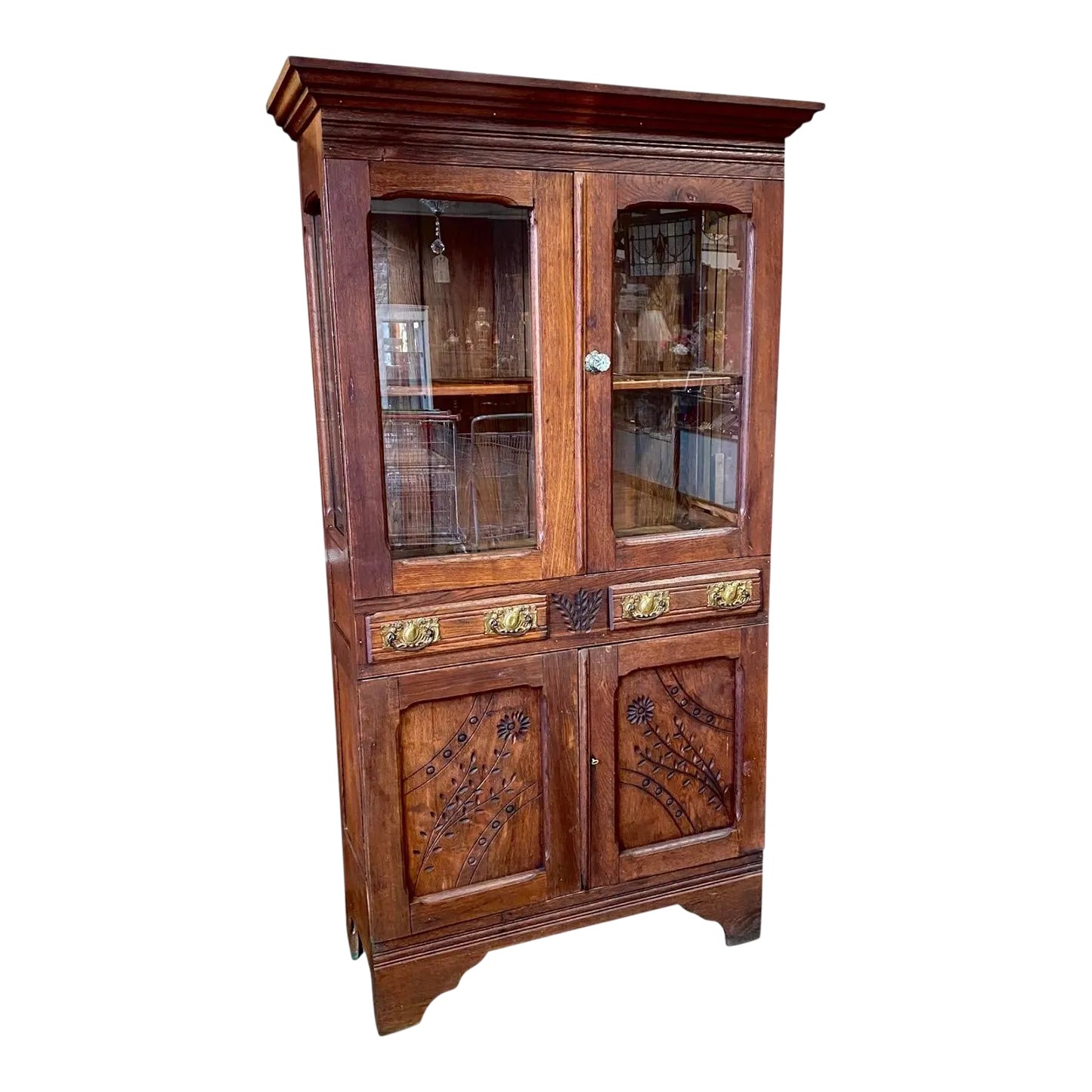 Antique American Carved Red Oak Pie Safe Cabinet | Chairish