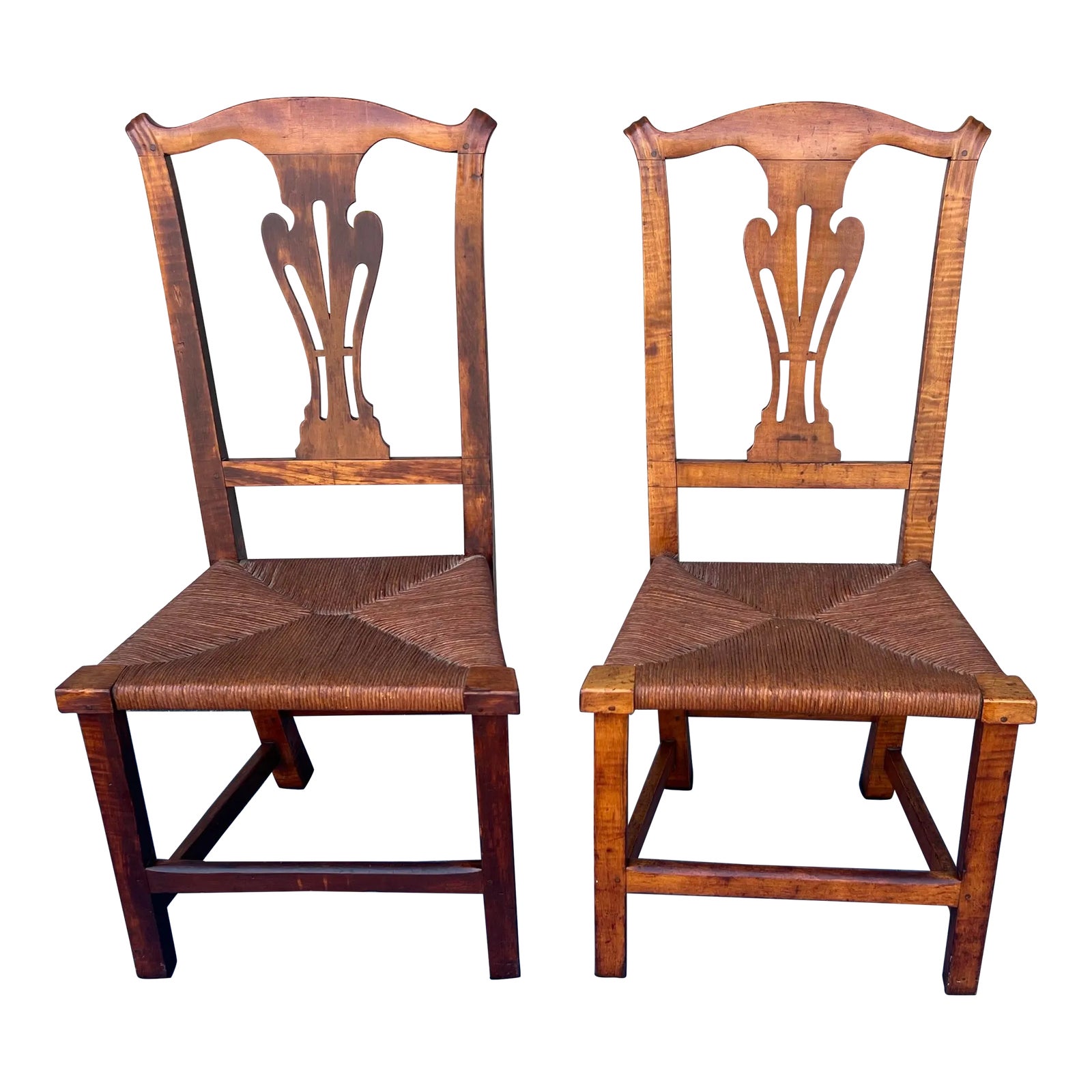 A Pair of New England Tiger Maple Chippendale Side Chairs With Rush ...