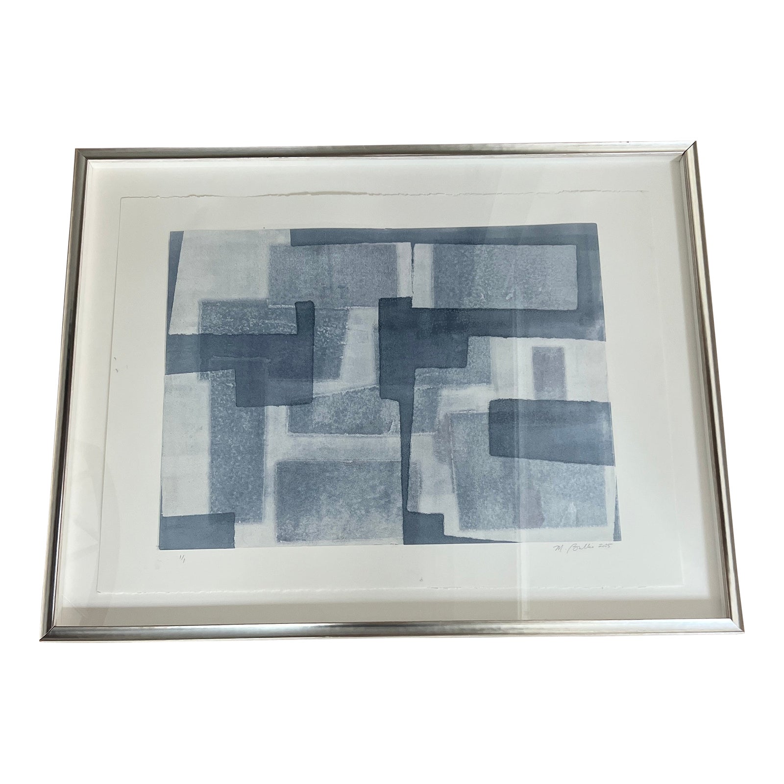 Original Signed Abstract Monotype With Silvered Wood Frame | Chairish