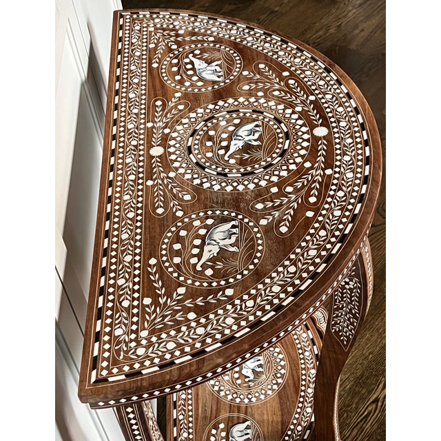 Vintage Indian Bone Hand Inlay Elephants Ornate Console Table Demi Lune ...