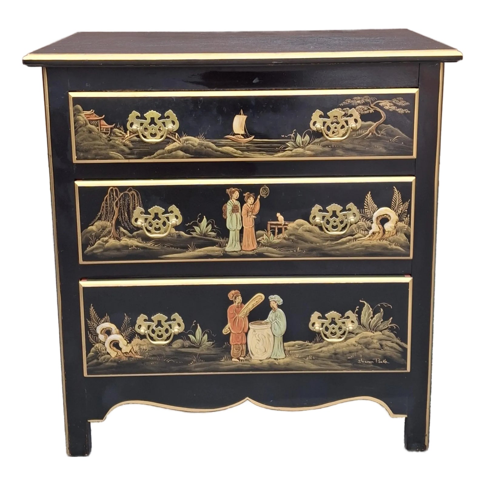 Chinoiserie Decorated and Ebonized Wood Side Chest, Signed Sharon Peake ...