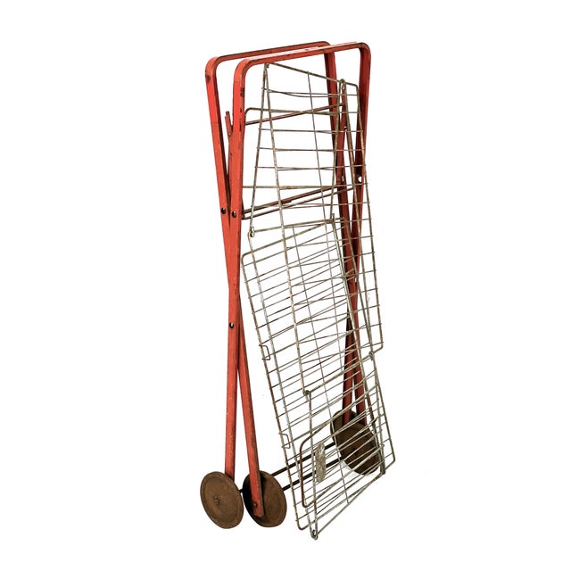 Vintage 1950s Industrial Orange Rolling Folding Laundry Cart With ...