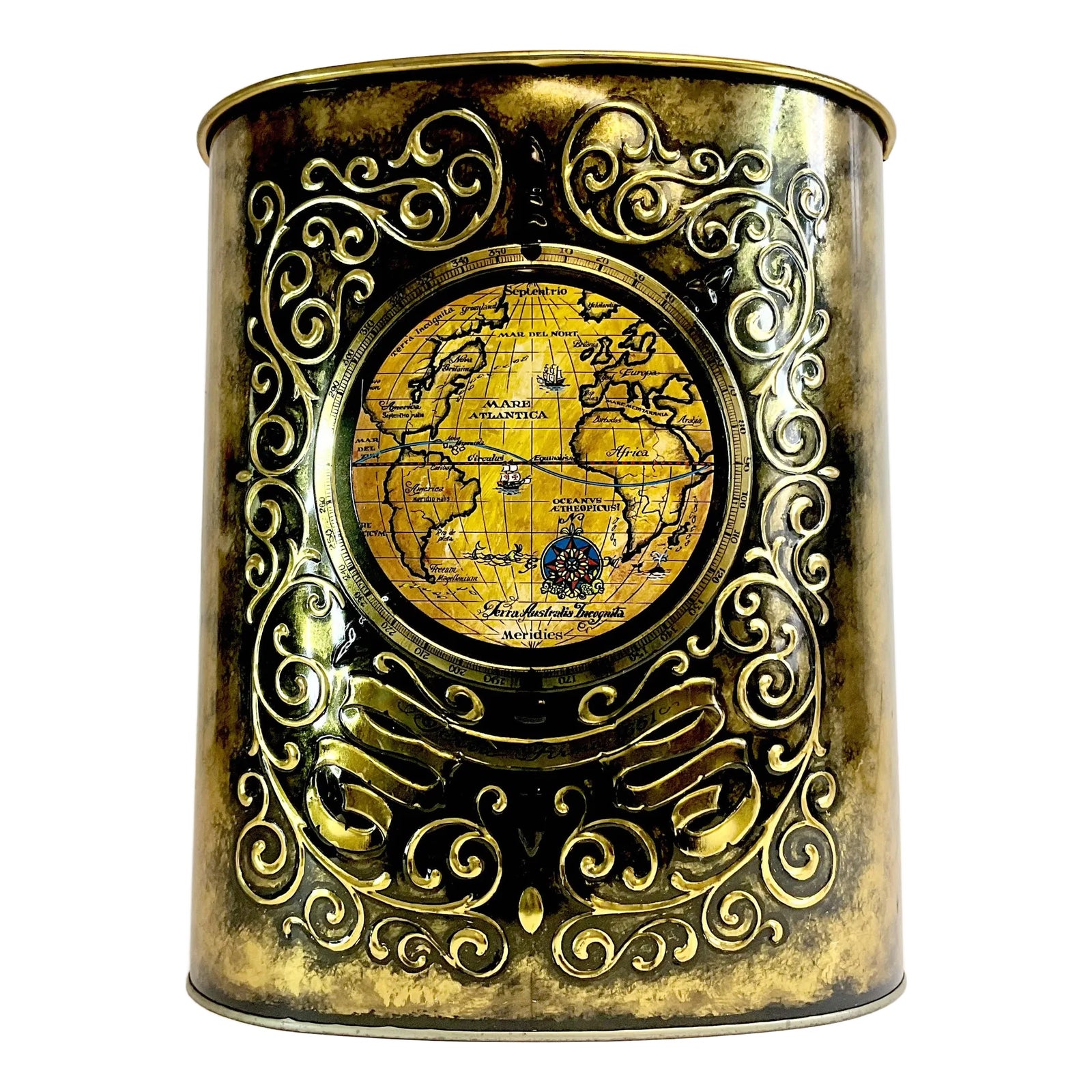 1970s Vintage Old World Map Metal Oval Wastebasket. | Chairish