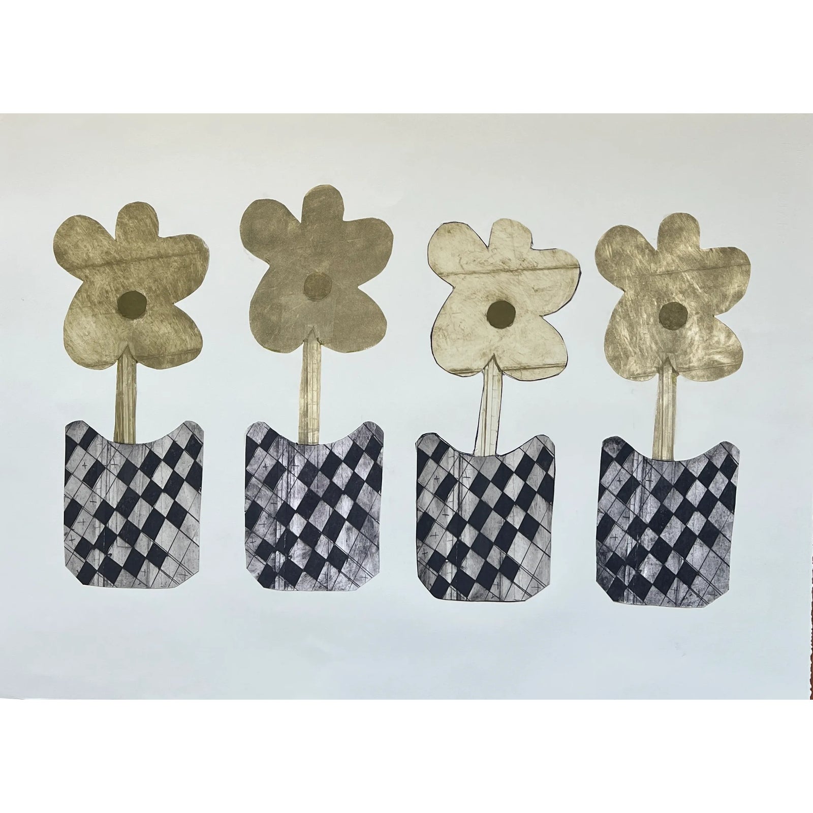 Original Four Flower Pots Still Life Print in Green and Black by Lisa ...