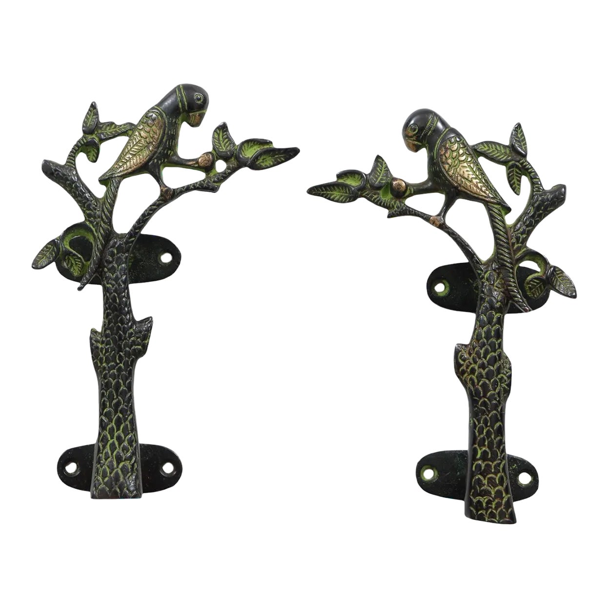 Green Brass Parakeet Branch Door Handles - a Pair | Chairish