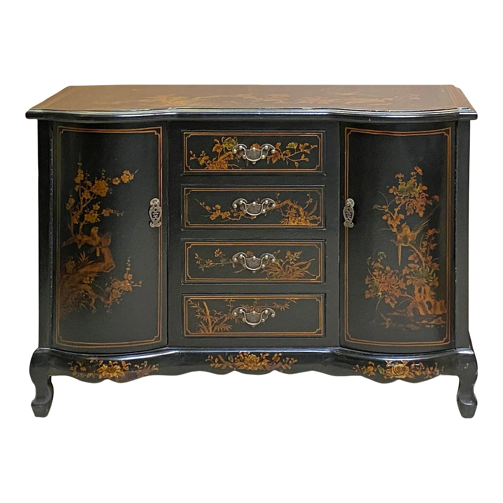 Chinese Black Veneer Golden Scenery Credenza Console Cabinet Table ...