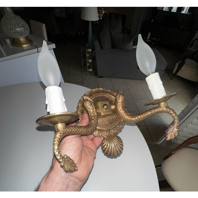 Pair Neoclassic Dolphin Shell Brass Wall Sconces | Chairish