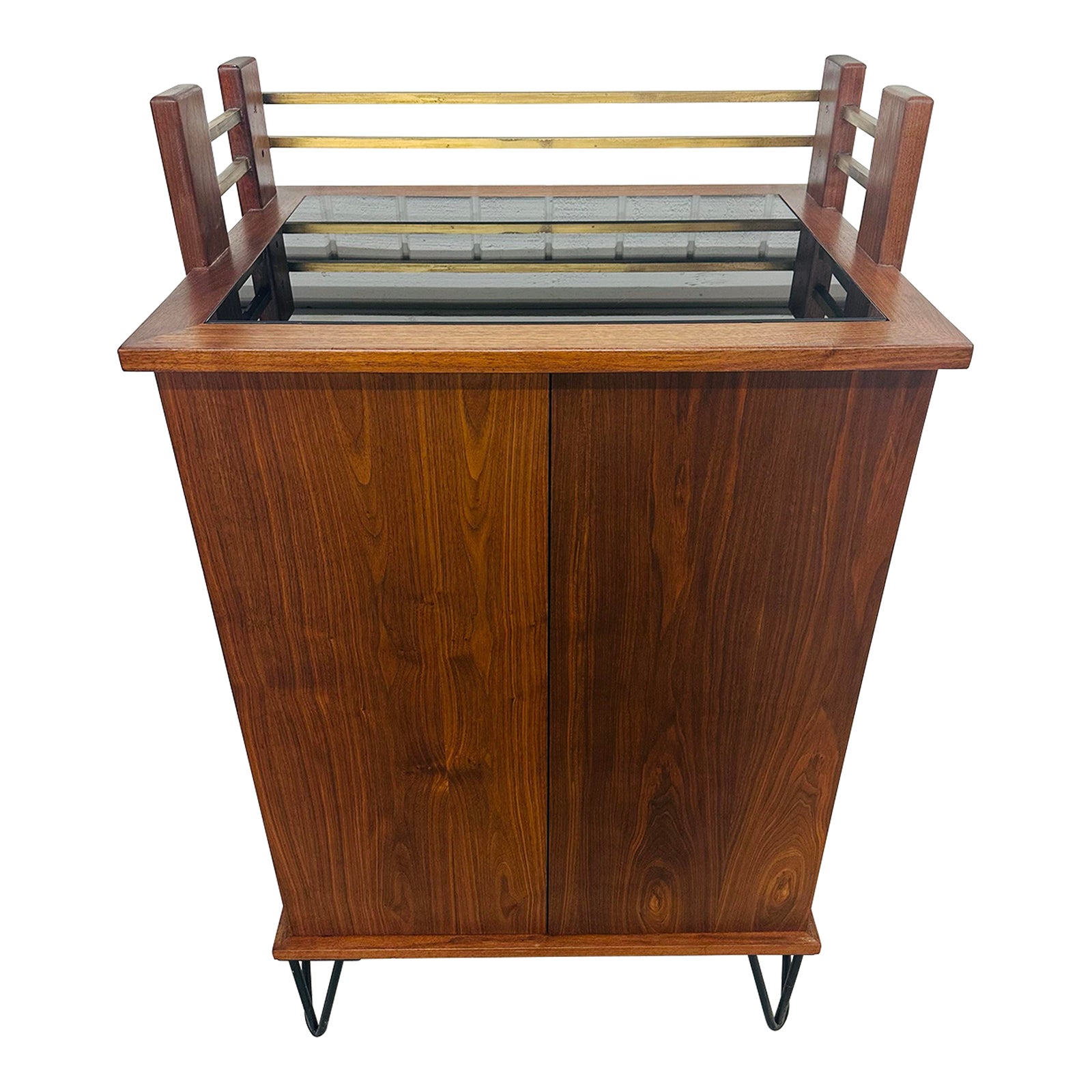 Mid-Century Modern Walnut Hairpin Bar Cabinet | Chairish