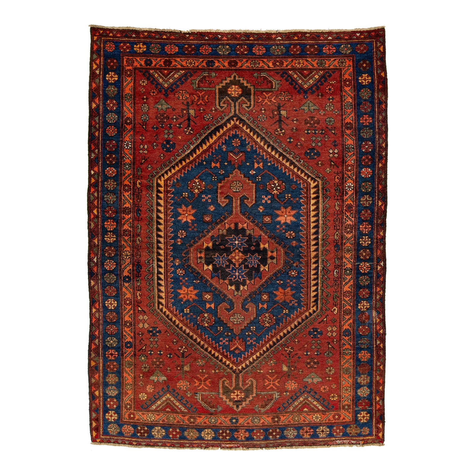 Handmade Vintage Designed Hamadan Wool Rug in Blue and Red | Chairish
