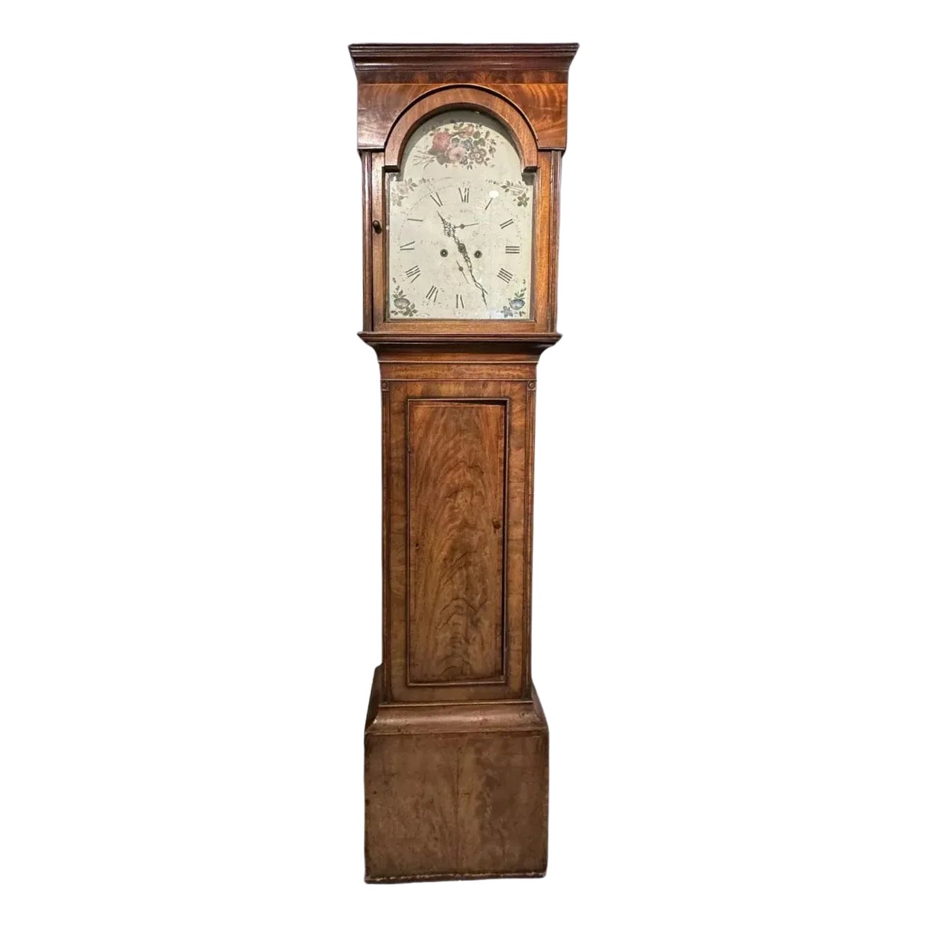 1800s English Georgian Flame Mahogany Veneer Longcase Clock | Chairish