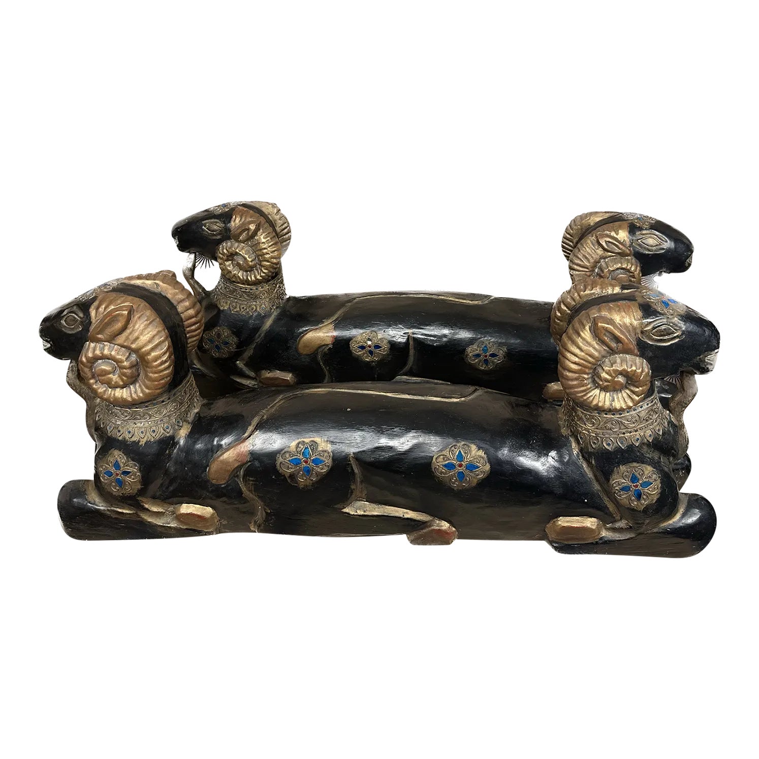 Mid 20th Century Egyptian Revival Two Headed Ram Carved Wood Sculptures ...