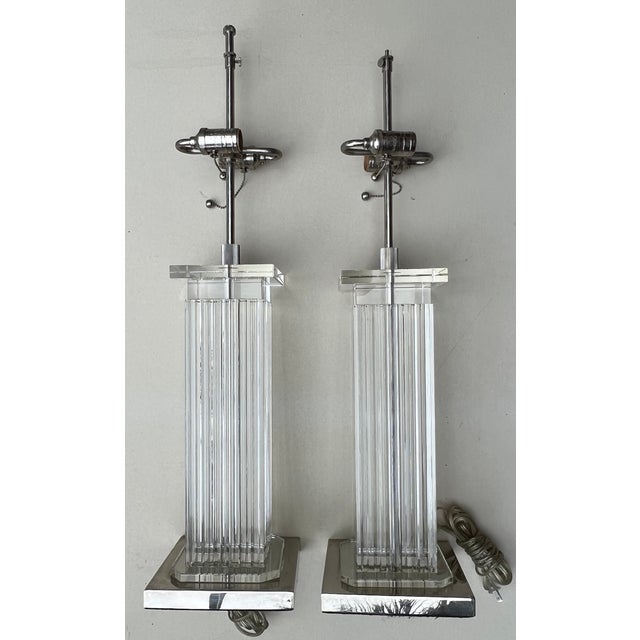 A Pair of Mid 20th Century Thick Lucite and Chrome Rod Table Lamps ...