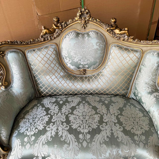 French Rococo Style Sofa Sky Blue Color and Gold Leaf Details | Chairish
