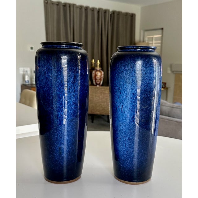 Pair Japanese Cobalt Blue Flambe Mottled Pottery Vases | Chairish