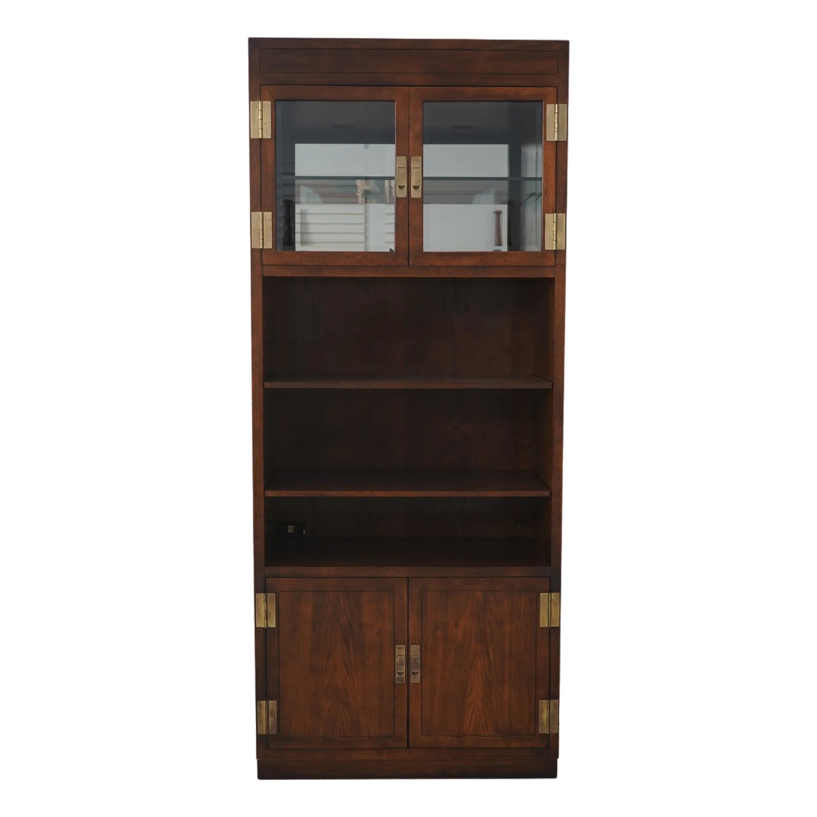Henredon Campaign Style Oak Bookcase Curio Cabinet | Chairish