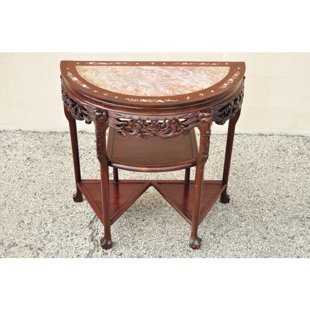 Vintage Oriental Chinese Carved Hardwood Demilune Marble Top Console ...
