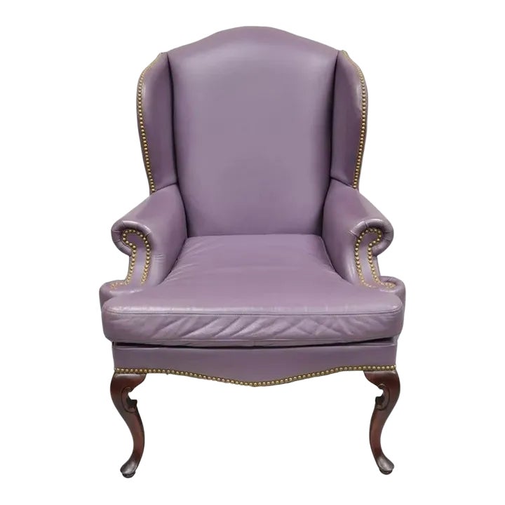 Late 20th Century Queen Anne Style Purple Leather Wingback Chair With ...