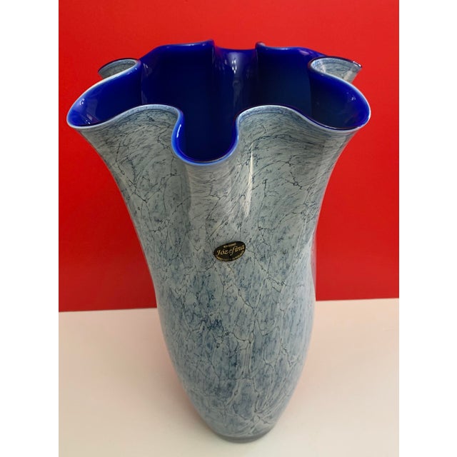 Large Krosno Jozefina Cased Art Glass Blue Ruffled Rim Vase Chairish