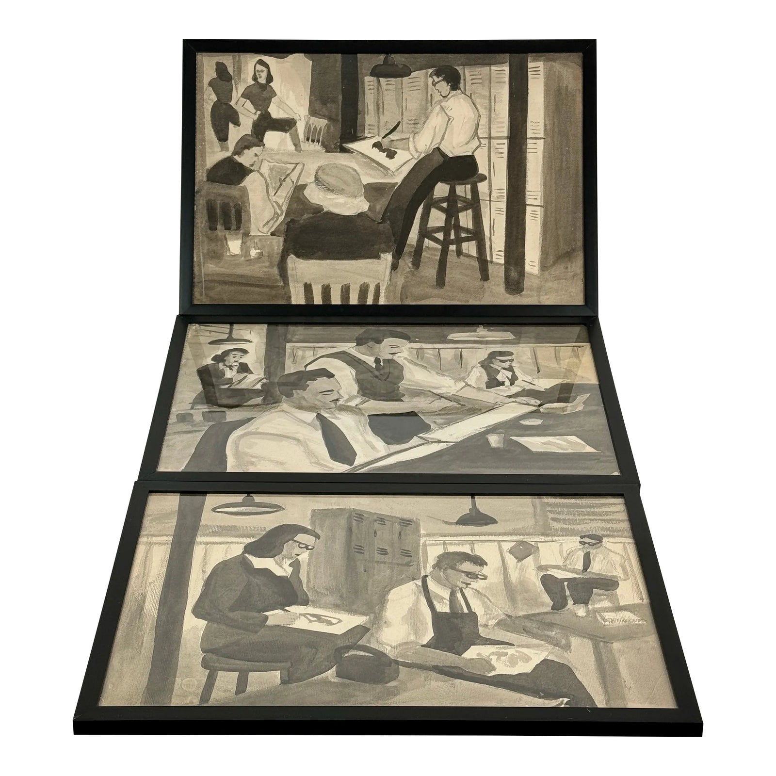 1970s Unique Set of 3 Mid-Century Modern B&w Watercolor Paintings of ...