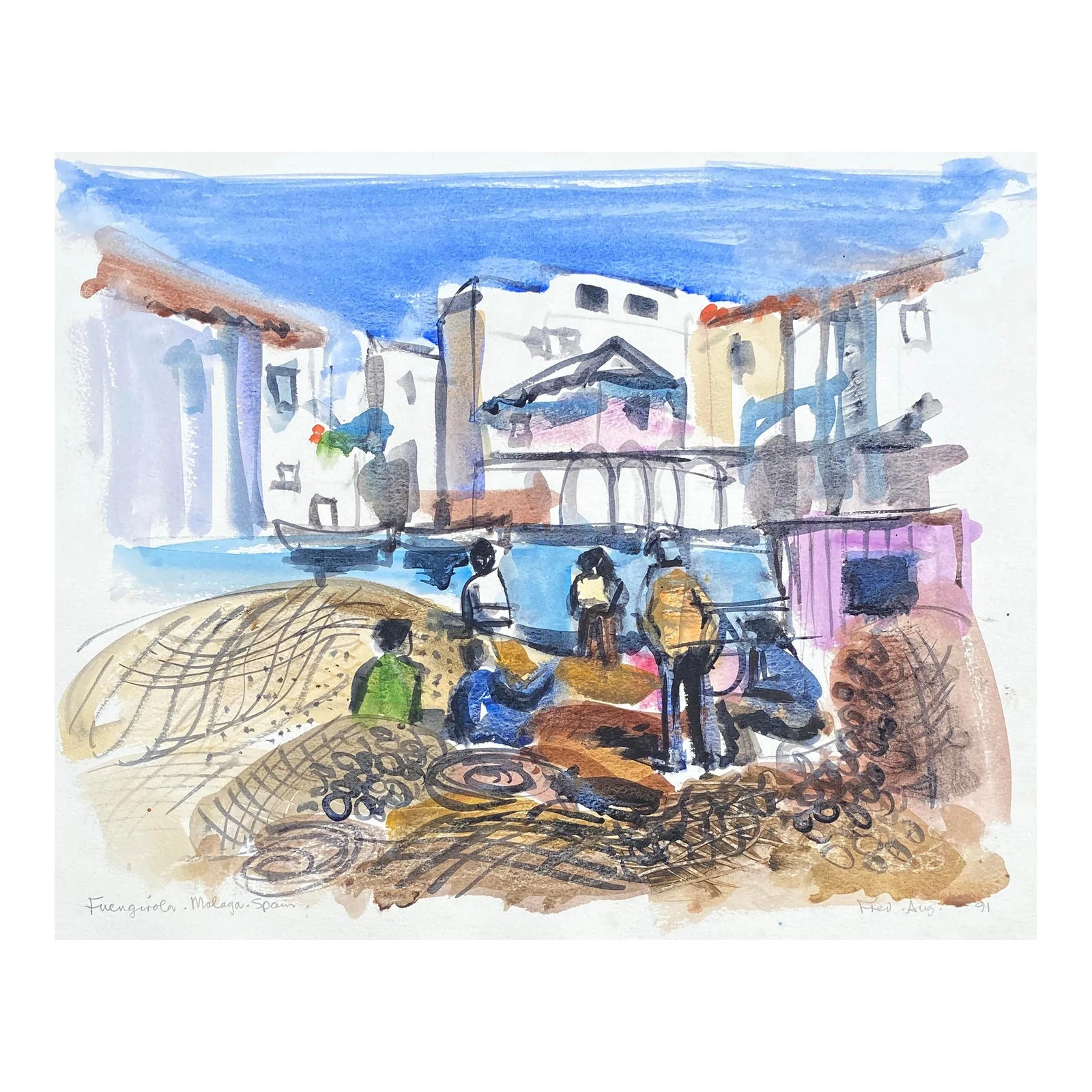 1991 Fred Atkinson Fuengirola Spain Coastal Watercolor | Chairish