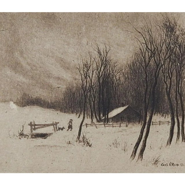 Tiny Vintage Winter Farm Scene Etching Card | Chairish