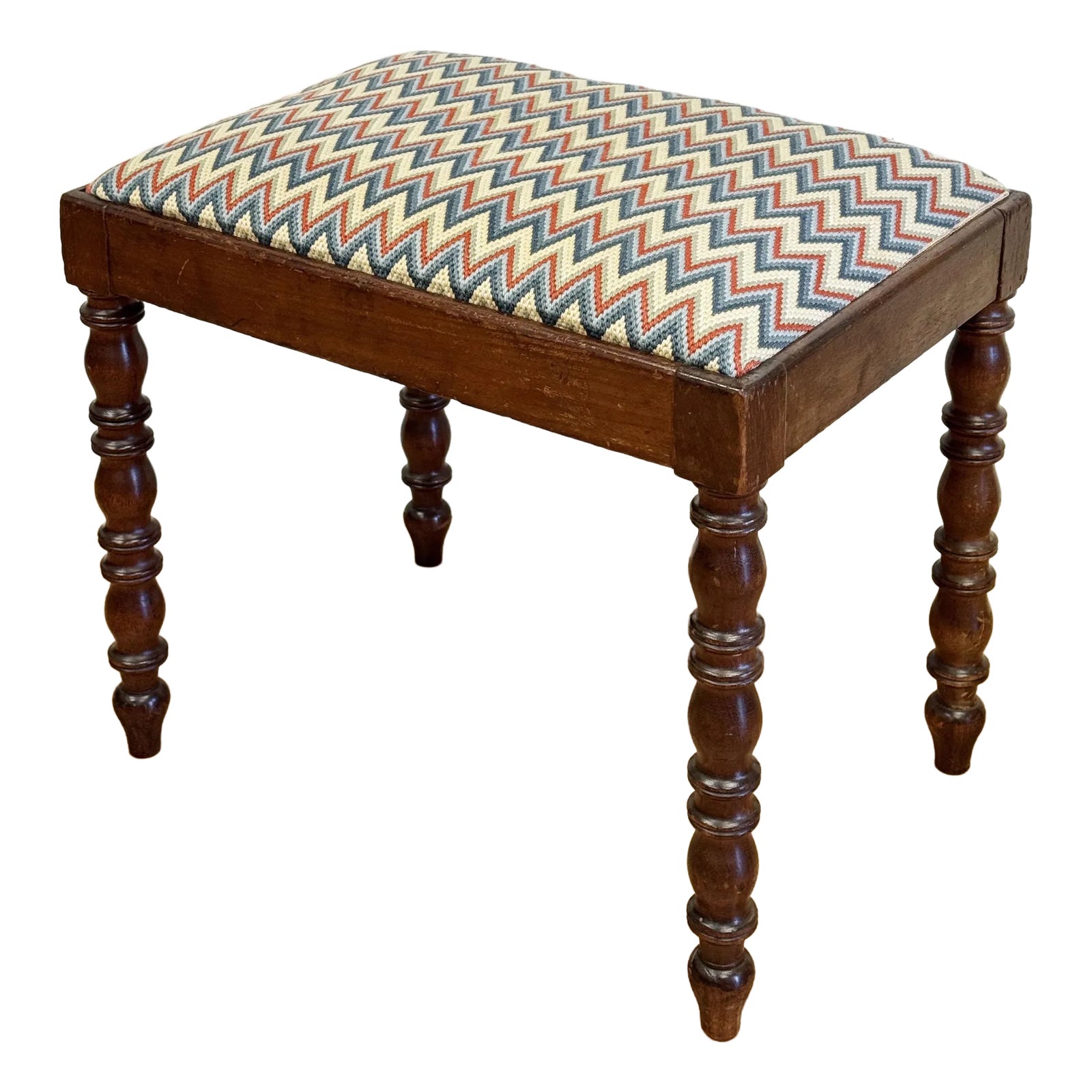 Vintage Turned Wood Stool With Zig Zag Upholstered Seat | Chairish