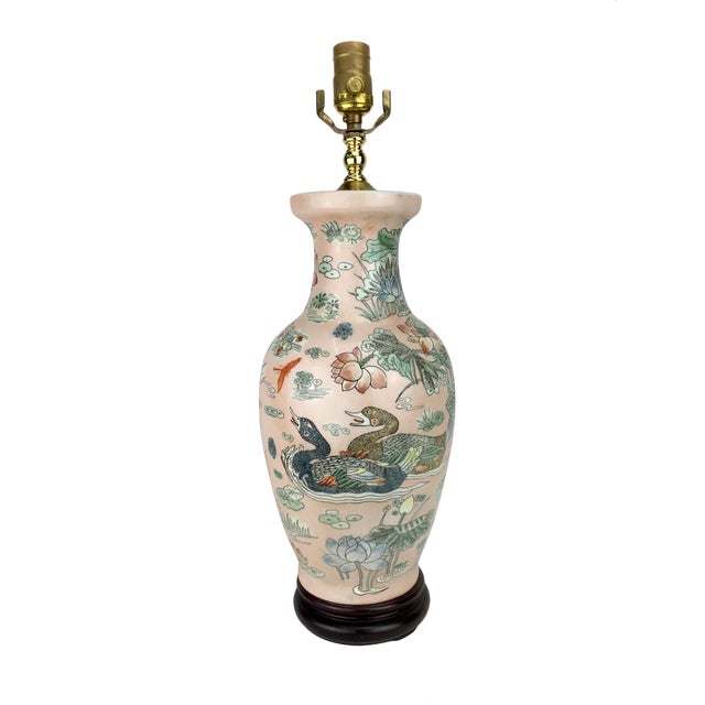 Japanese Ducks & Lotus Lake Vase Lamp | Chairish