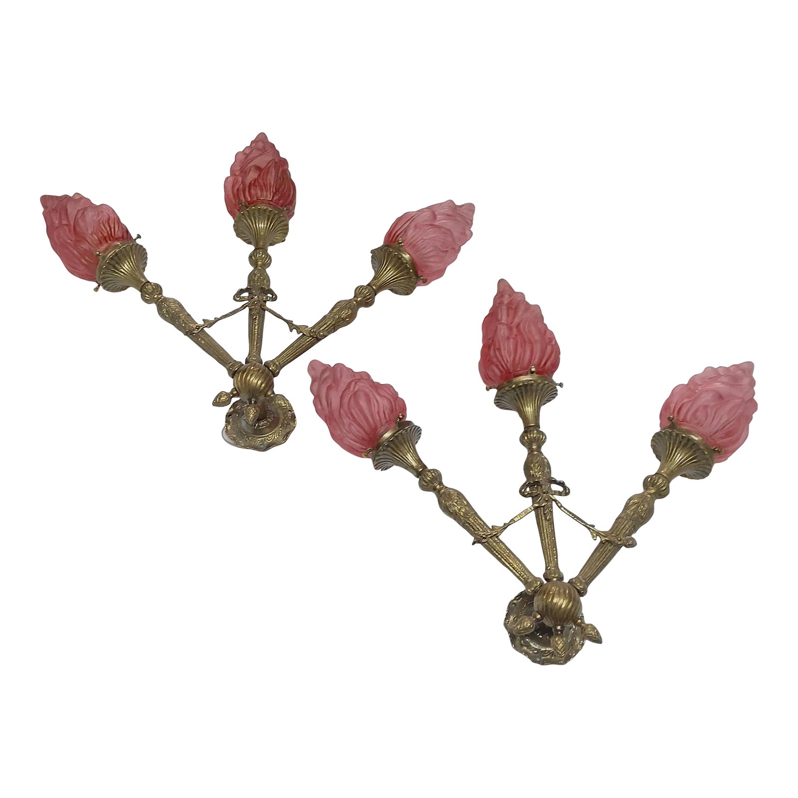 Pair 1940s Vintage Art Deco Nouveau Red Mashaal Light Wall Sconces ...