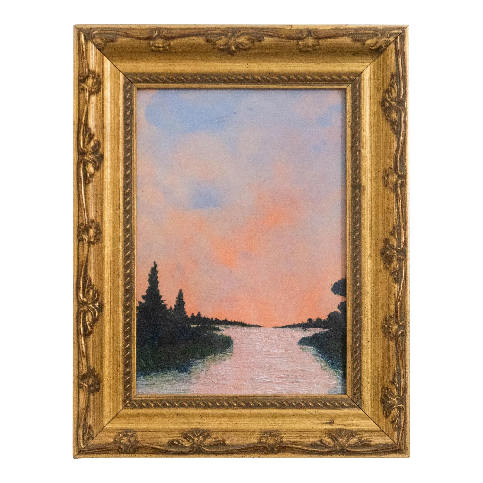 Vintage Gilded Custom Framed Acrylic on Paper Landscape | Chairish