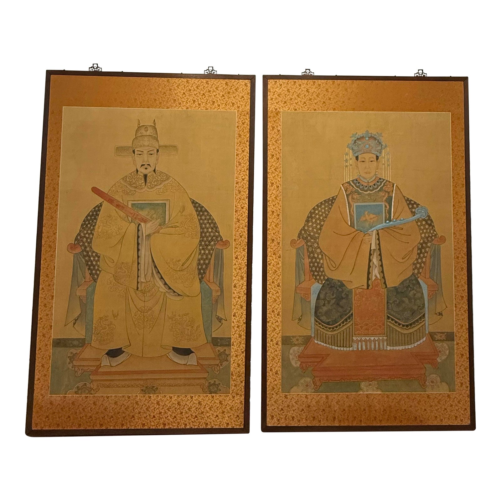 Large Pair of Chinese Ancestral Portrait Paintings 60" | Chairish