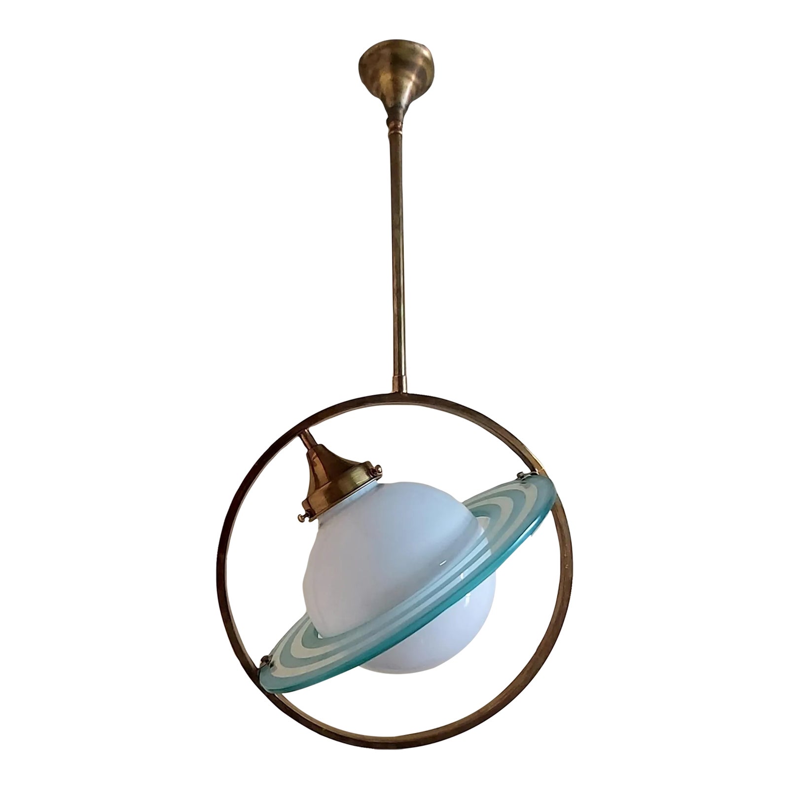 Vintage Art Deco Saturn Light Brass Milk Glass Shade Pendant | Chairish