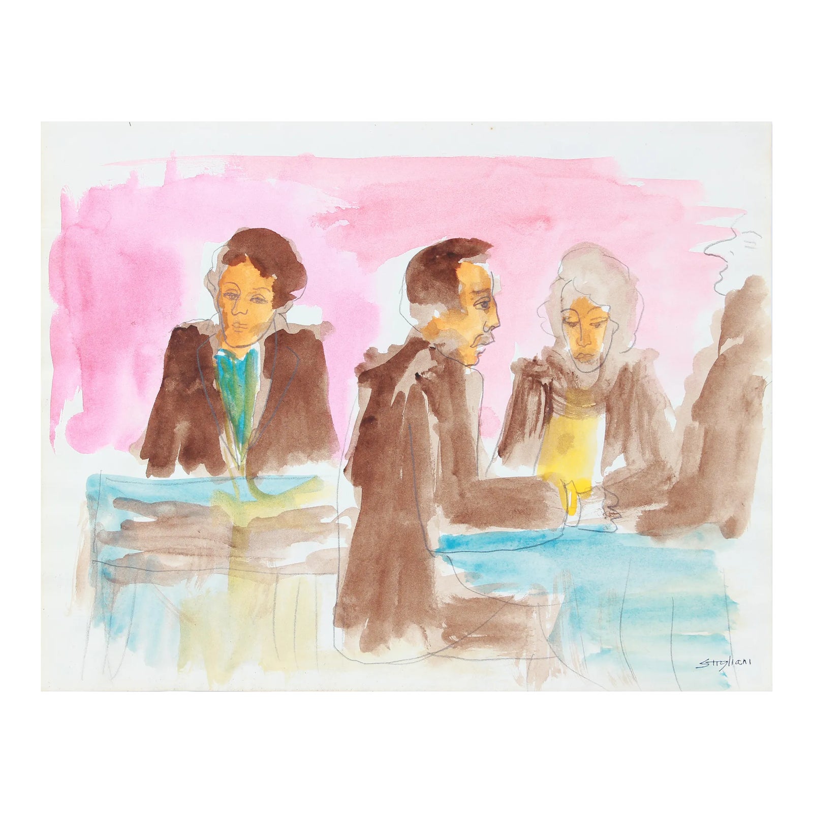 Figures in Conversation 20th Century Watercolor | Chairish