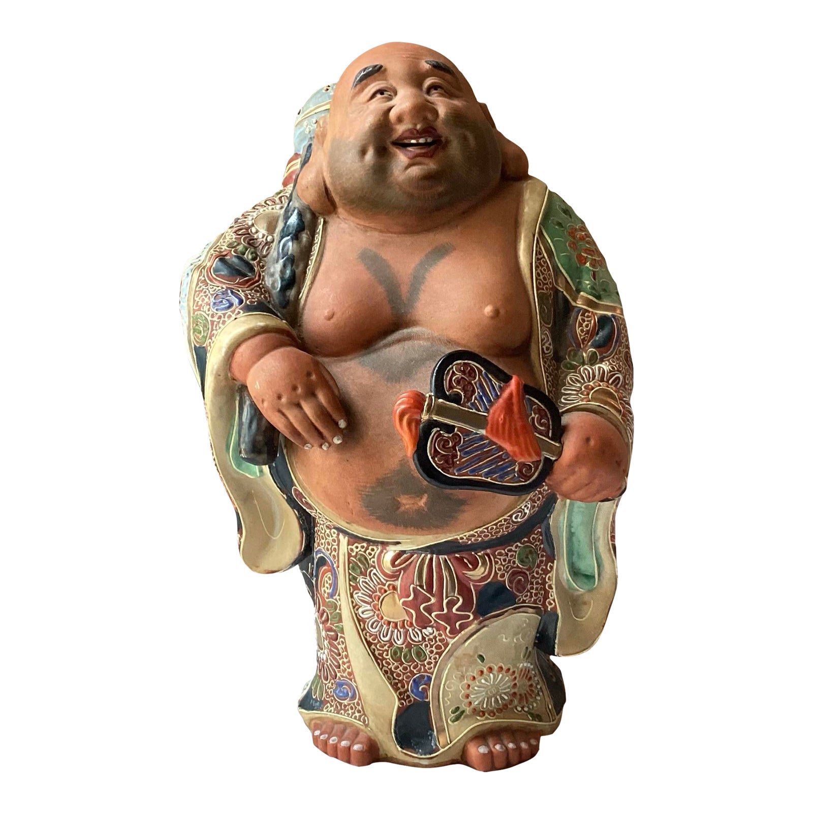 Antique Japanese Satsuma Ceramic Happy Buddha Statue With Hand-Painted ...