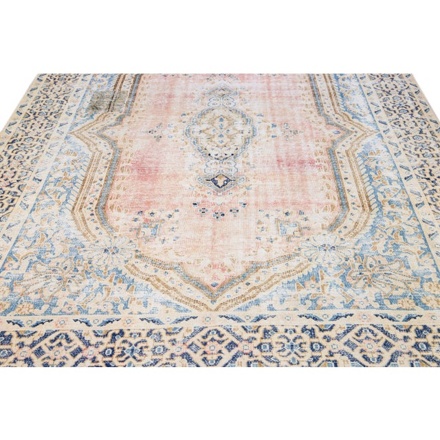 Vintage Persian Shabby Chic Handmade Medallion Pink Wool Rug | Chairish