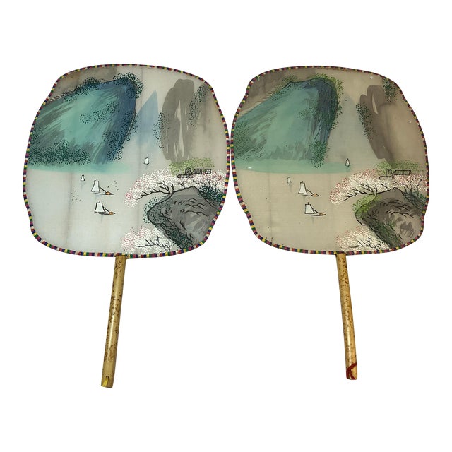 Vintage Silk Japanese Asian Hand Painted Paddle Fans- Set of 2 | Chairish