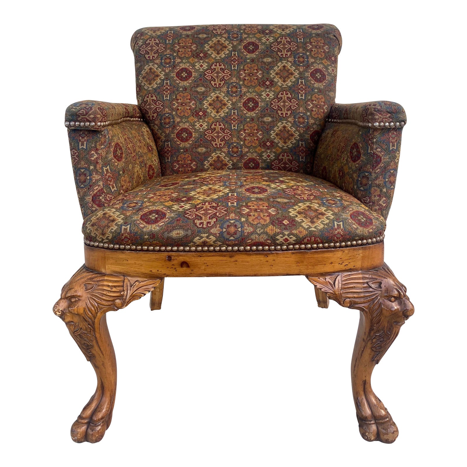 1990s Ferguson Copeland Carved Lion Head Library Club Chair | Chairish