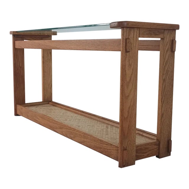 1970s Mid Century Oak and Glass Console Table | Chairish