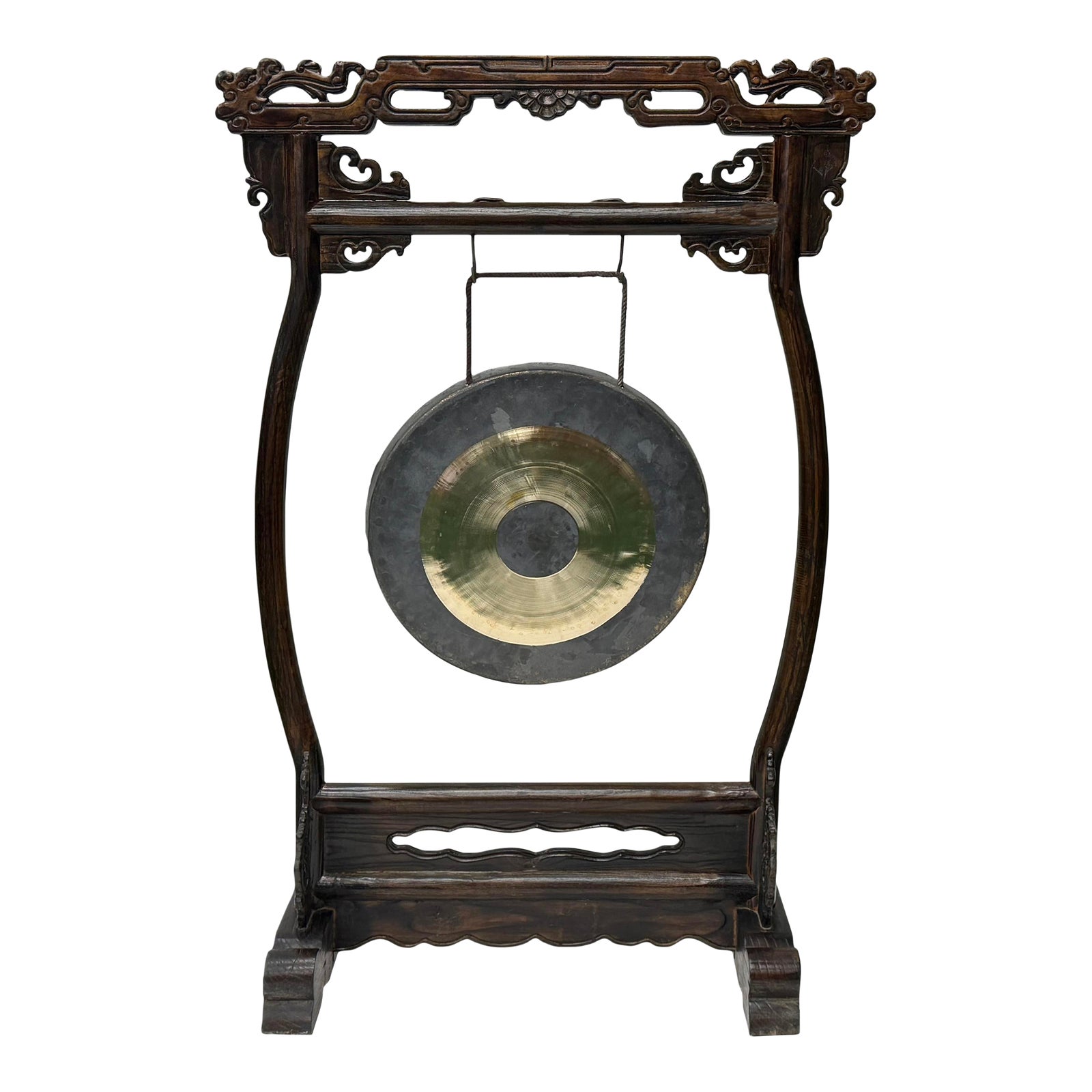 Chinese Distressed Brown Dragon Head Wood Figure Gong Display Rack ...