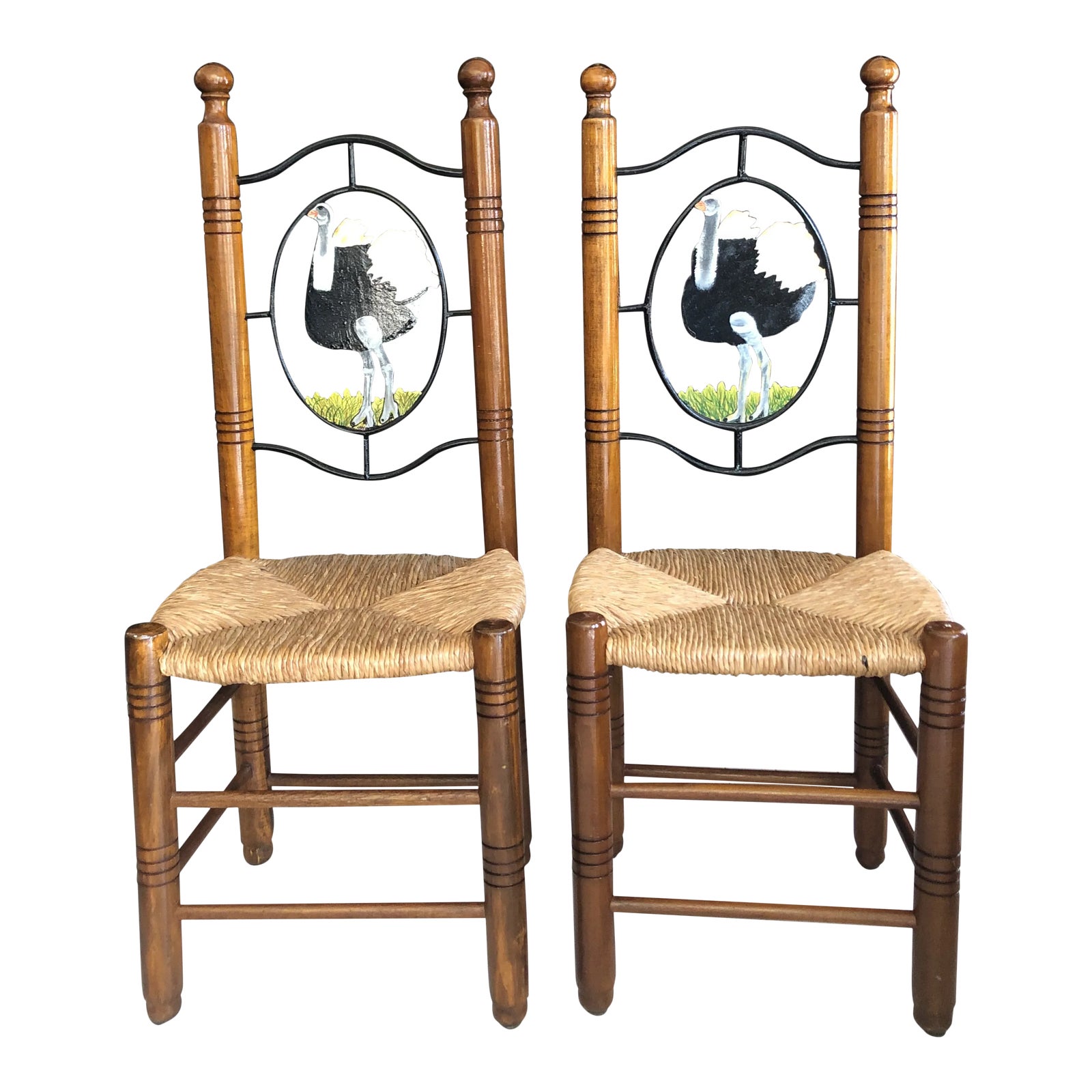 Vintage Folk Art Ostrich Design Chairs With Rush Seats - a Pair | Chairish